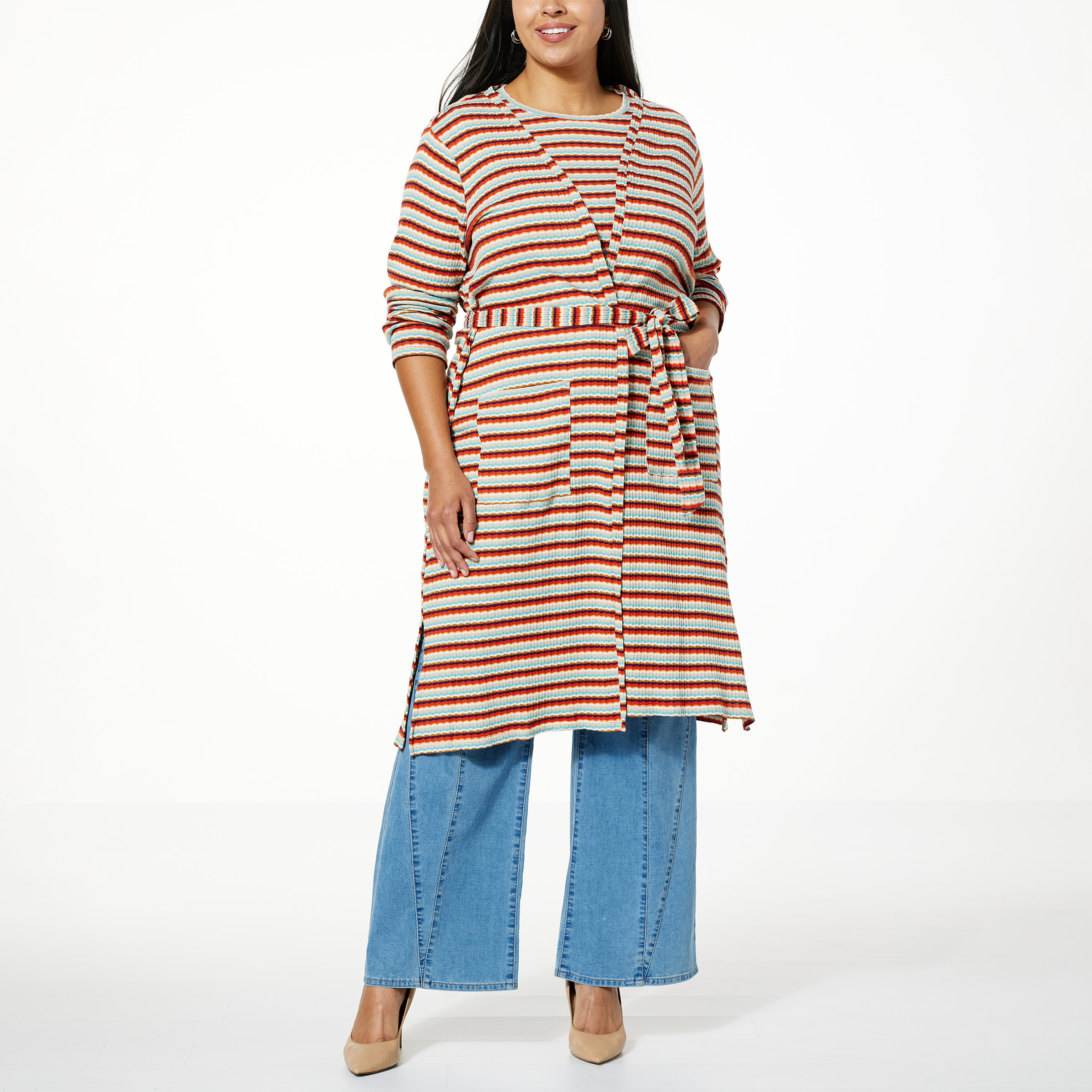 G by Giuliana Striped Rib Knit Belted Duster Cardigan | HSN