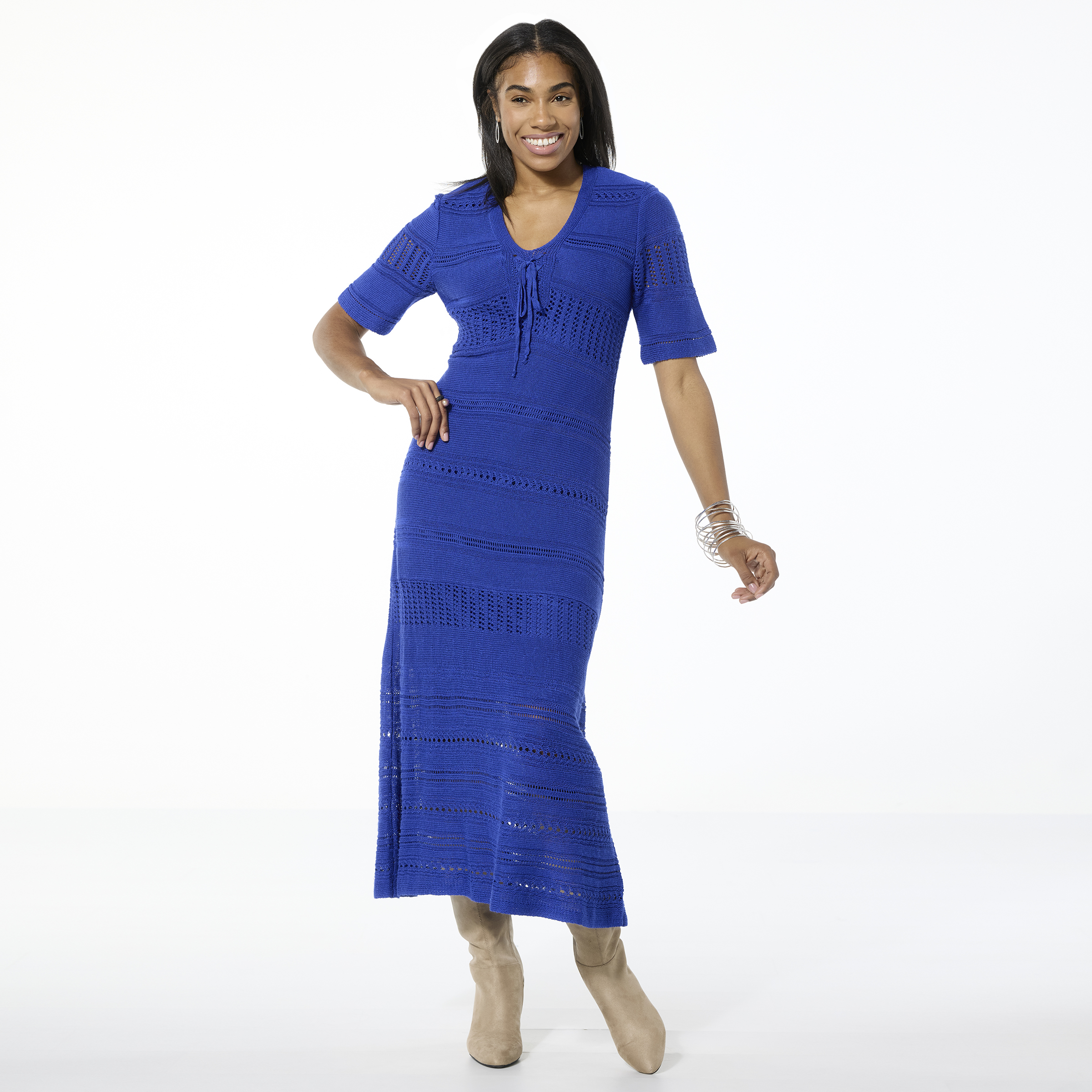 Nina Leonard Crochet Knit Elbow Sleeve A-Line Midi Dress | HSN