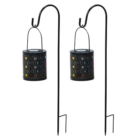 Glitzhome 2-pc. Solar Lantern, LED Light, Laser Plate, Stake Hook | HSN
