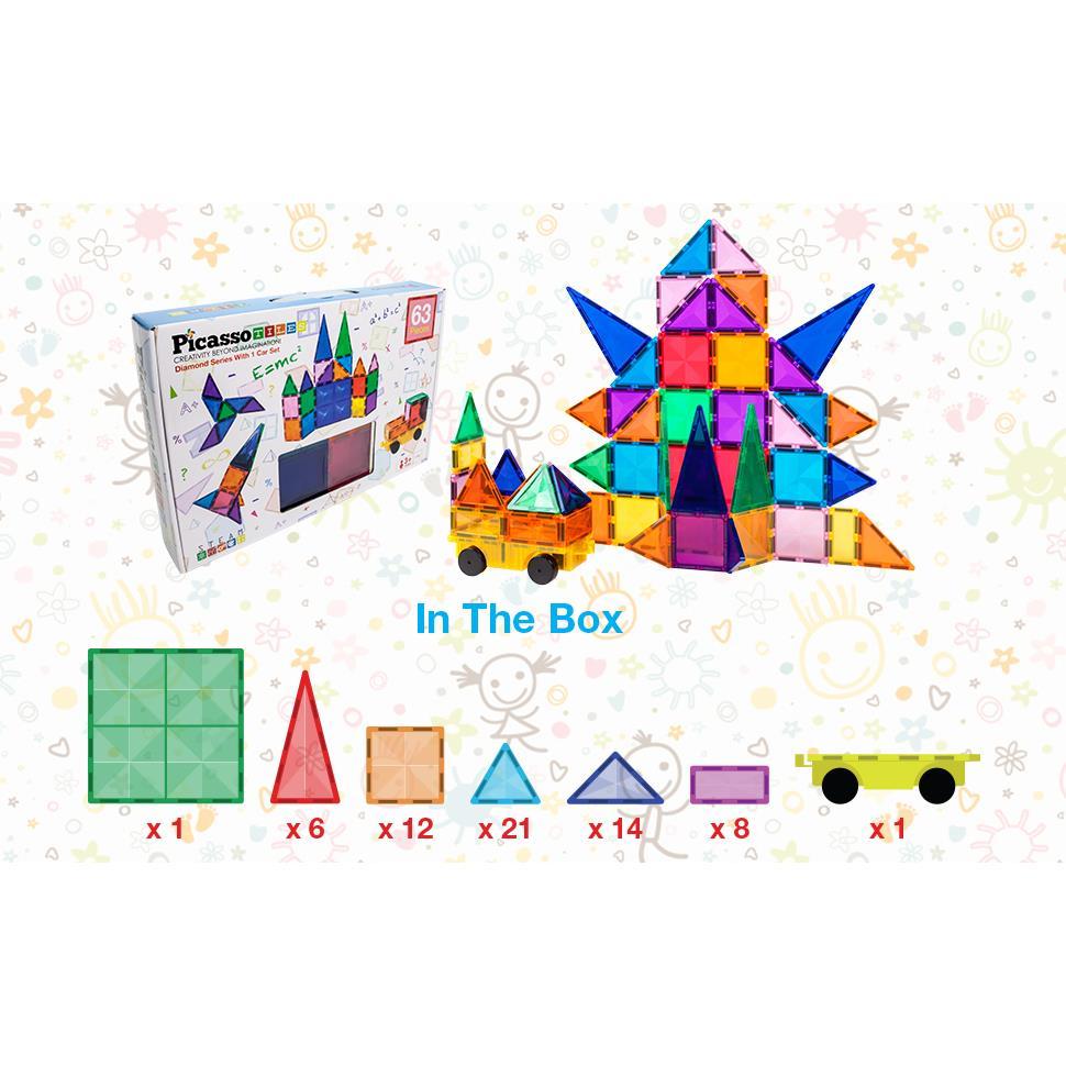 PicassoTiles 63-Piece Magnetic Building Block Set with Car Truck ...