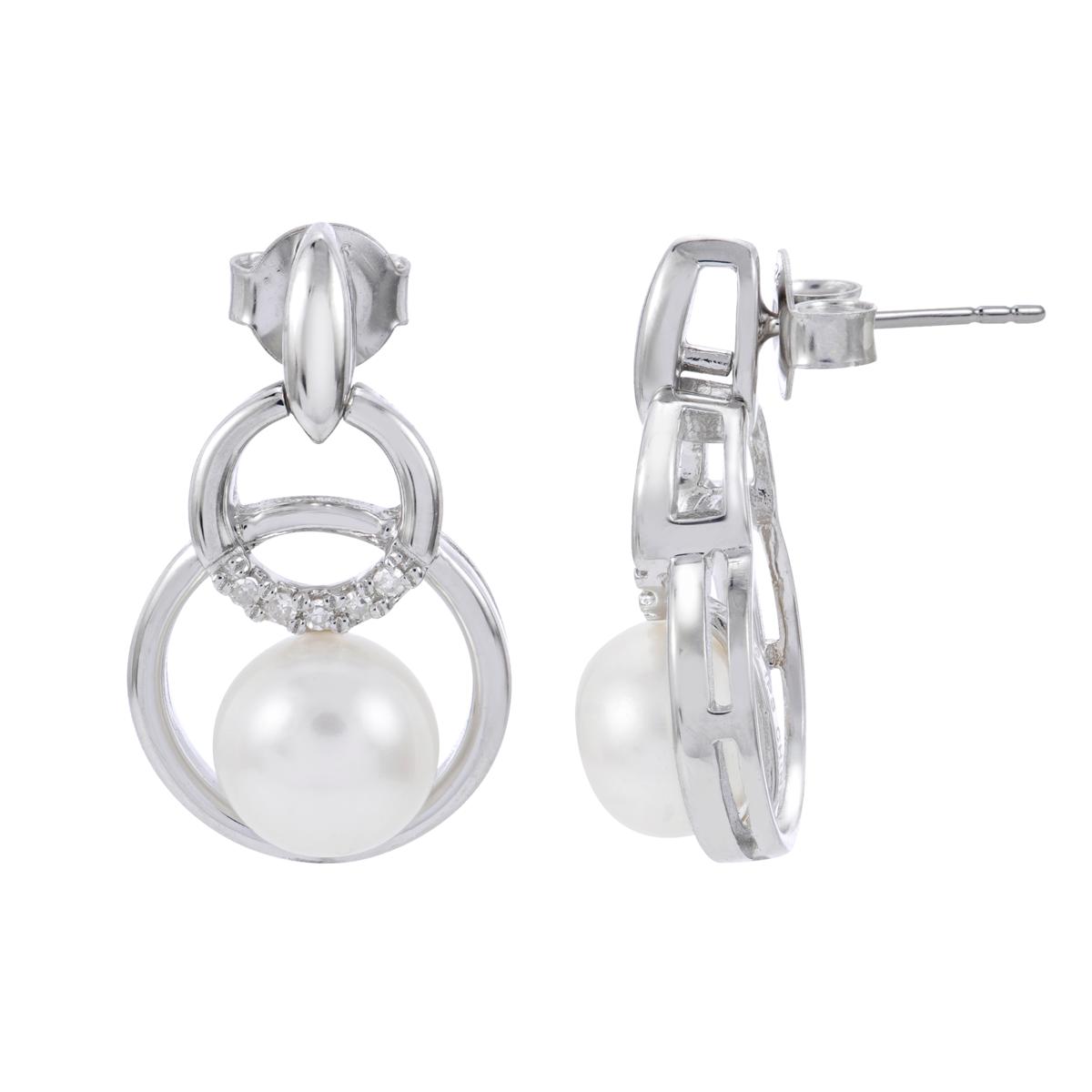 Sterling Silver 7-7.5mm Cultured Pearl and Diamond Circle Earrings ...