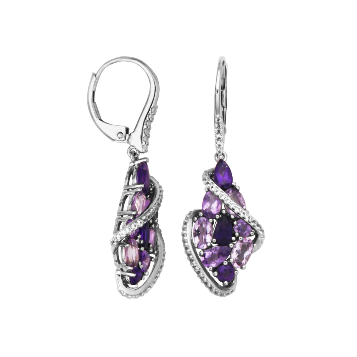 Sterling Silver Amethyst & Created White Sapphire Cluster Earrings ...