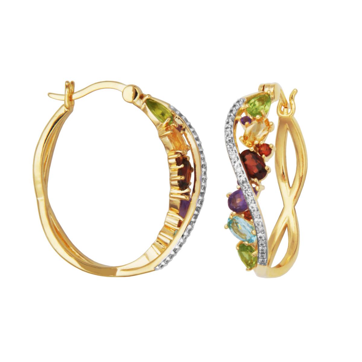 Gold-plated Multicolor Multigemstone and Diamond Hoop Earrings | HSN
