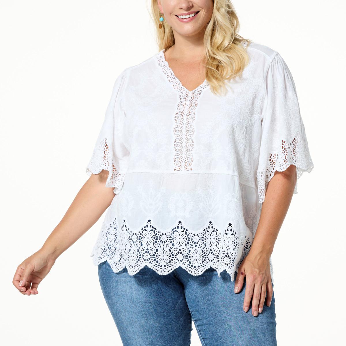 Democracy Woven Cotton Crochet Trim Peplum Top - 20824130 | HSN