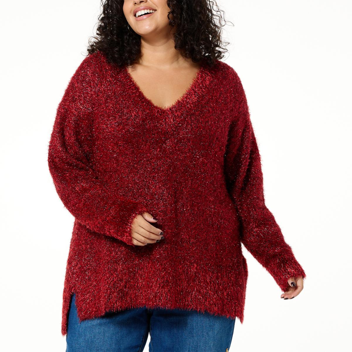 DG2 by Diane Gilman Metallic Knit V-Neck Sweater - 21480320 | HSN