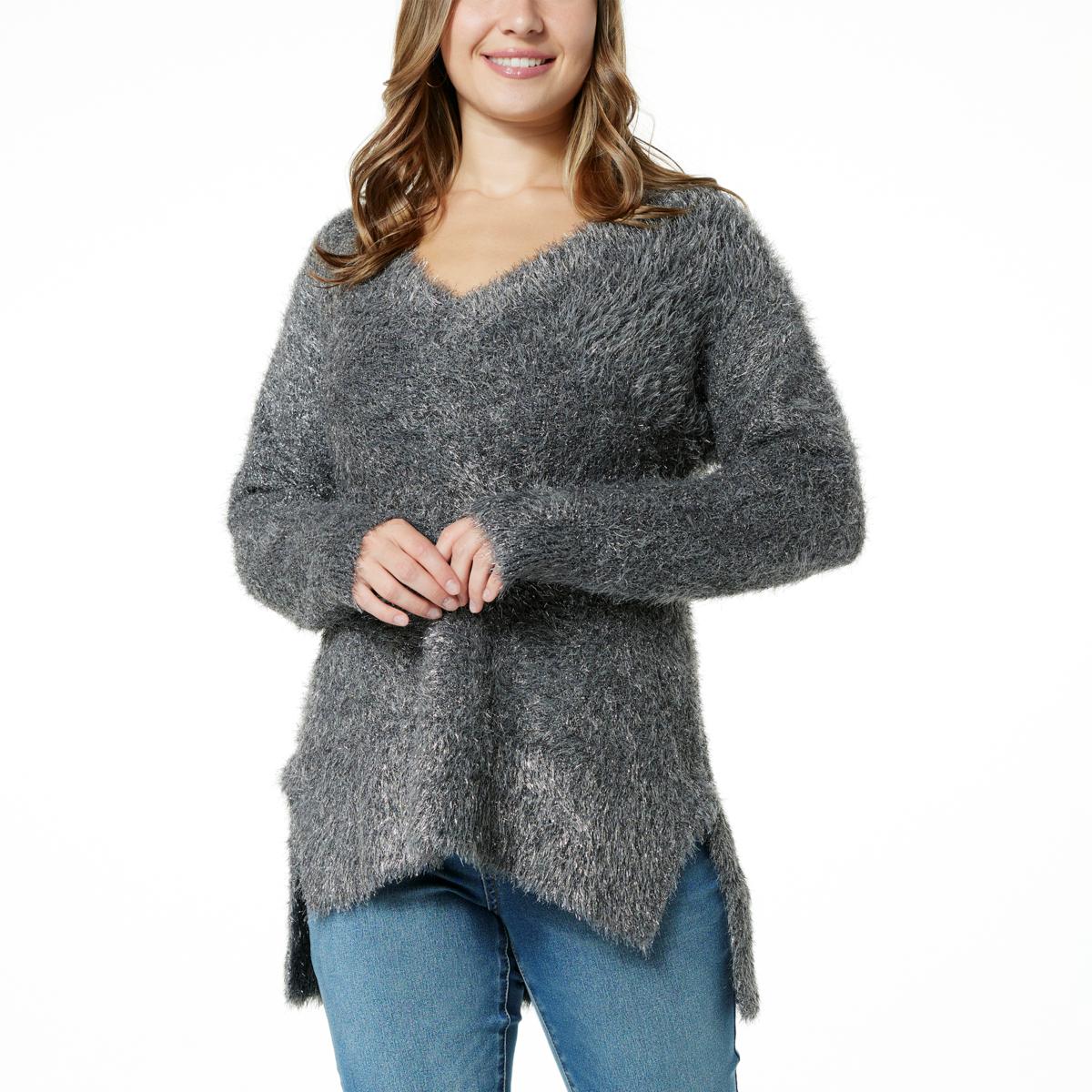 DG2 by Diane Gilman Metallic Knit V-Neck Sweater | HSN
