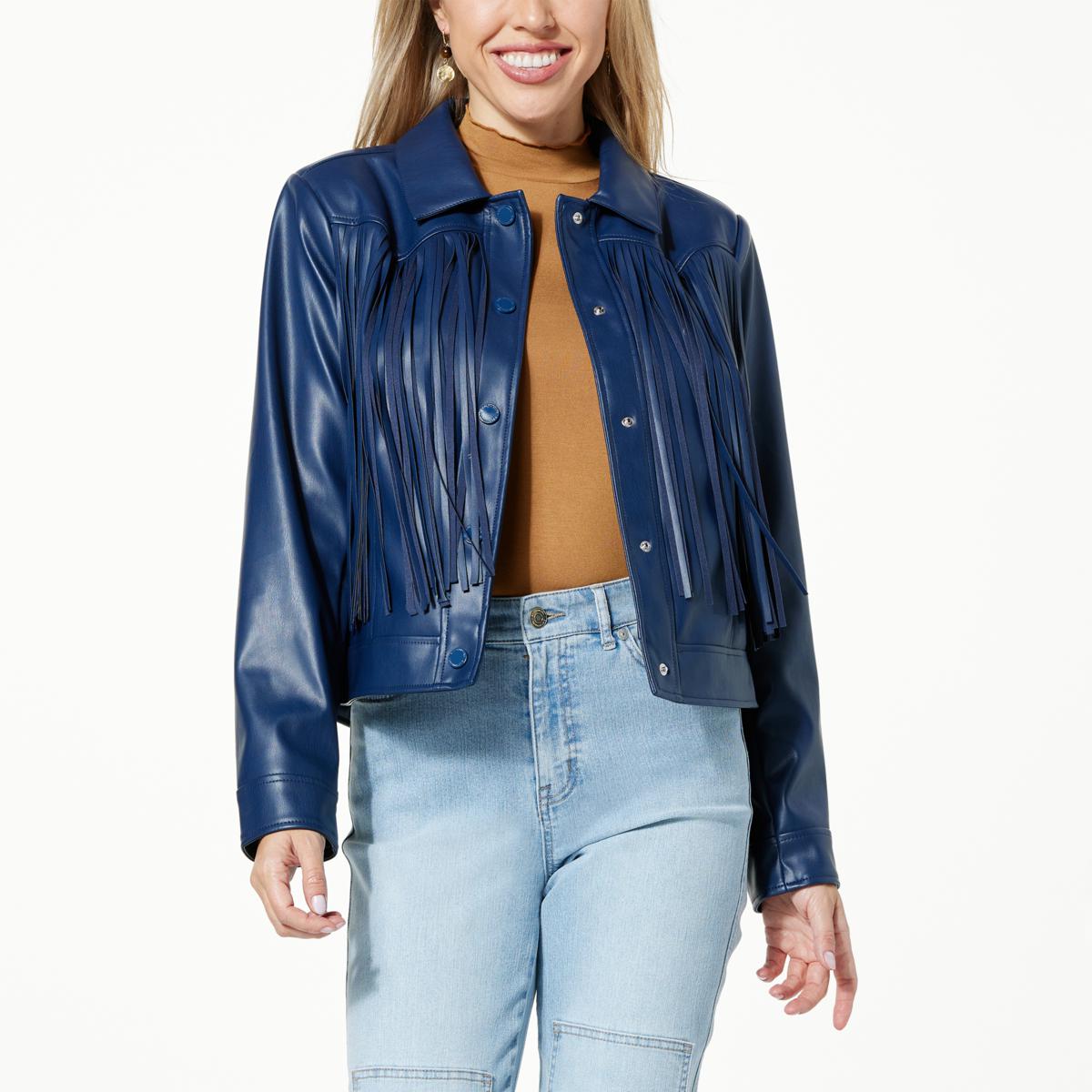 G by Giuliana Black Label Faux Leather Graphic Fringe Jacket - 21591979 ...