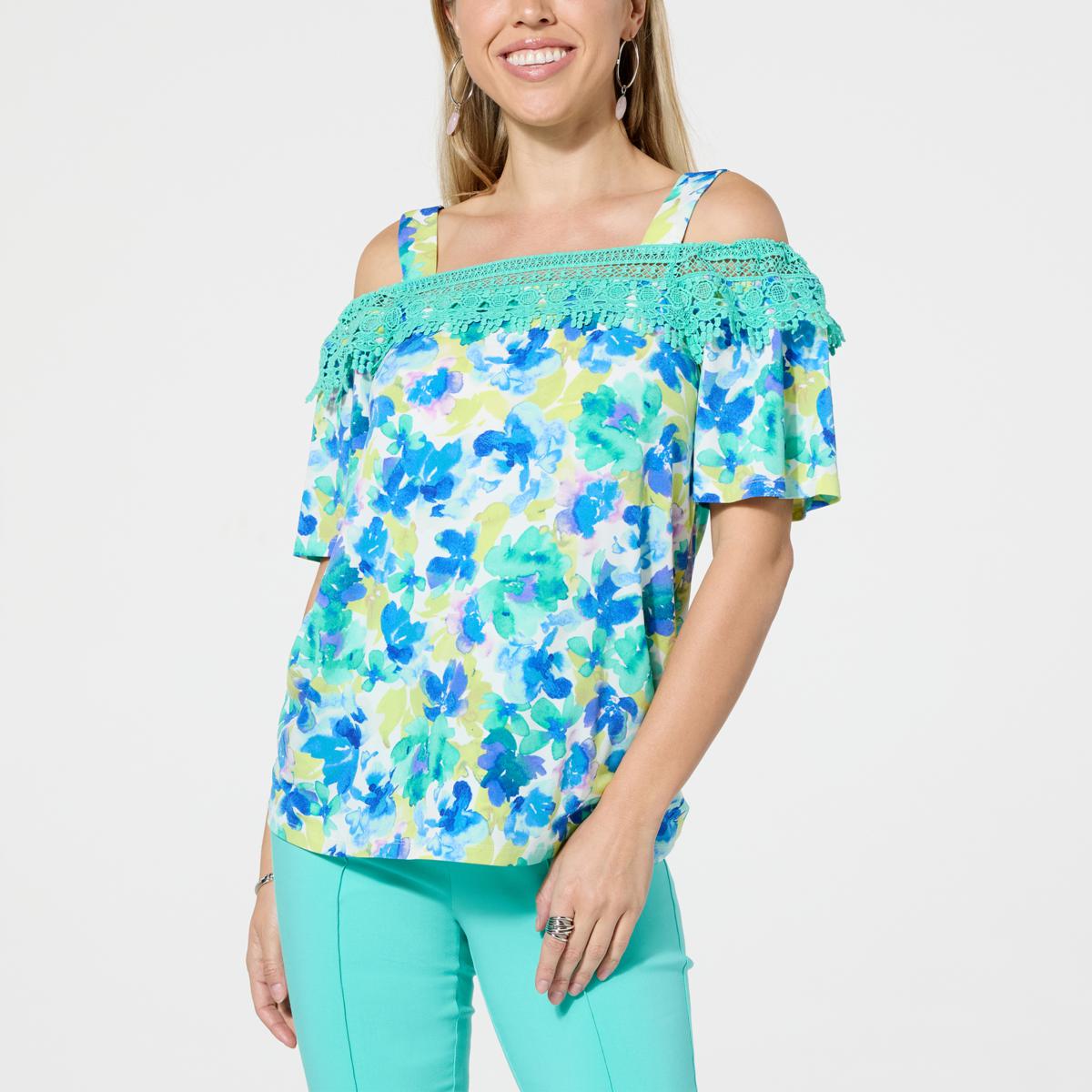 Nina Leonard Printed Cold-Shoulder Top | HSN