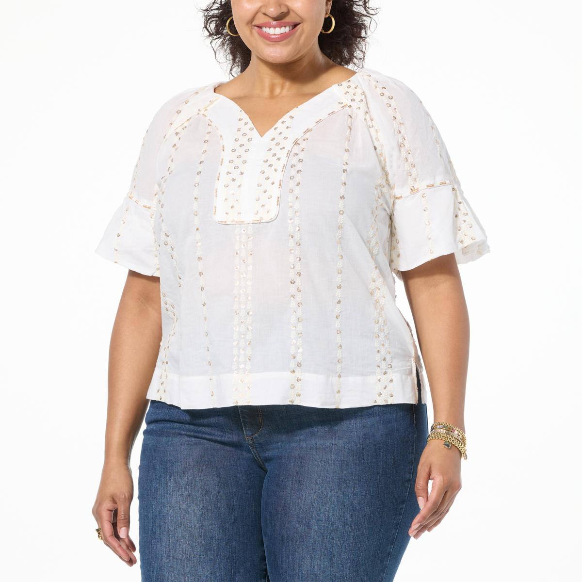 Democracy Woven Bubble-Sleeve Top | HSN