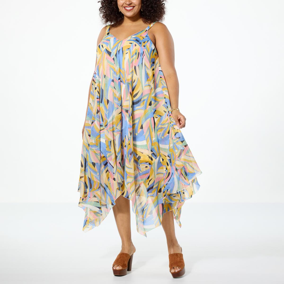 Nina Leonard Sleeveless Printed Chiffon Uneven Hem Dress | HSN