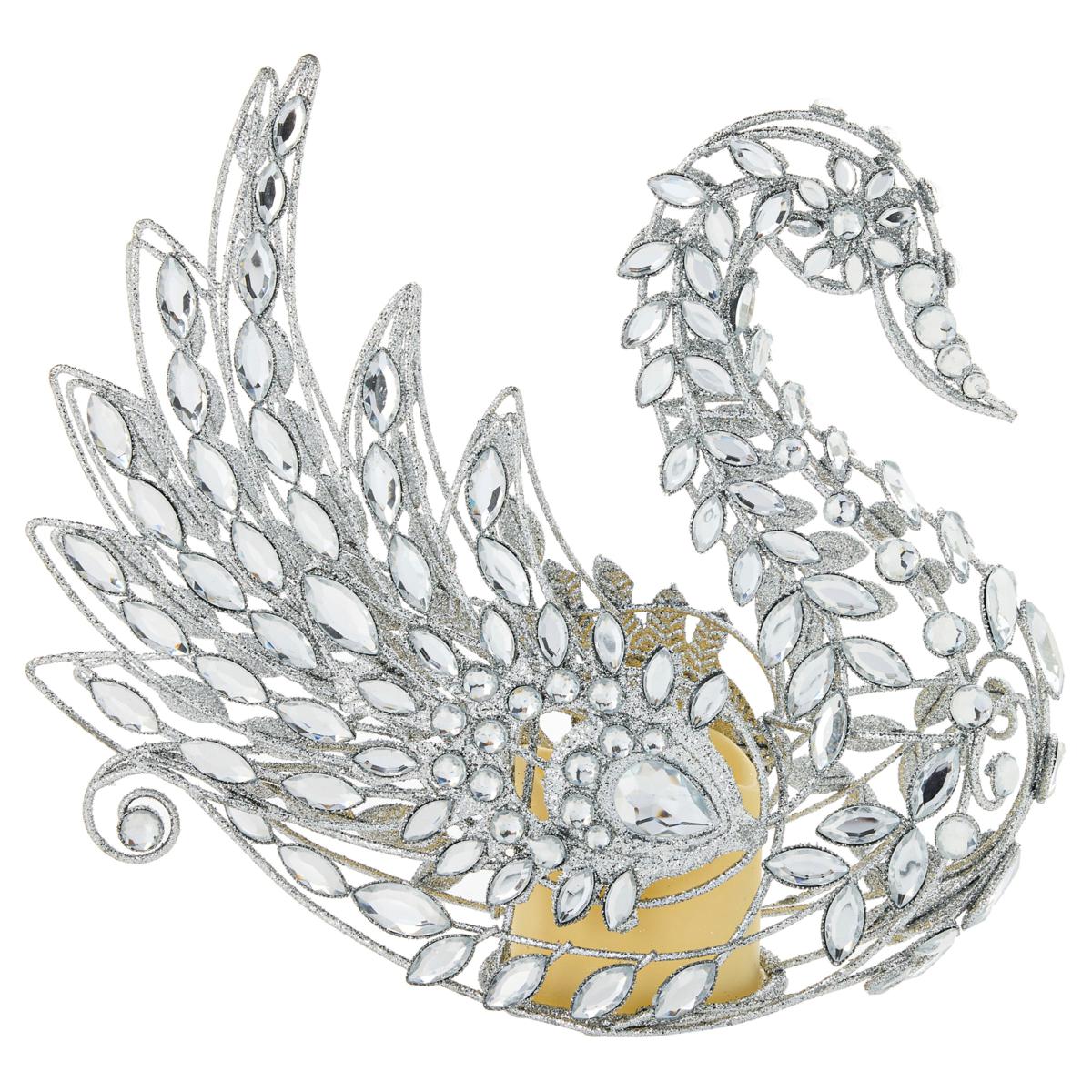 august & leo 9" Jeweled Glitter Swan Décor with Flameless Candle ...