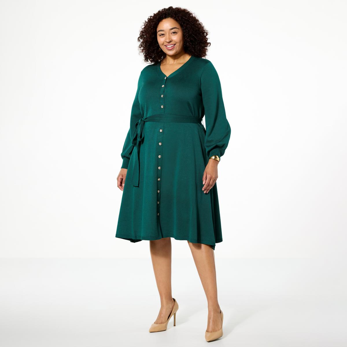 Nina Leonard Balloon-Sleeve Belted Sweater Dress | HSN