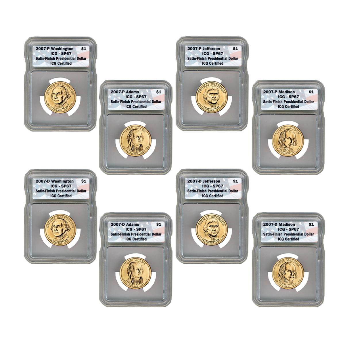 2007 SP67 P- & D-Mint Presidential Dollar Set of 8 Satin-Finish Coins | HSN
