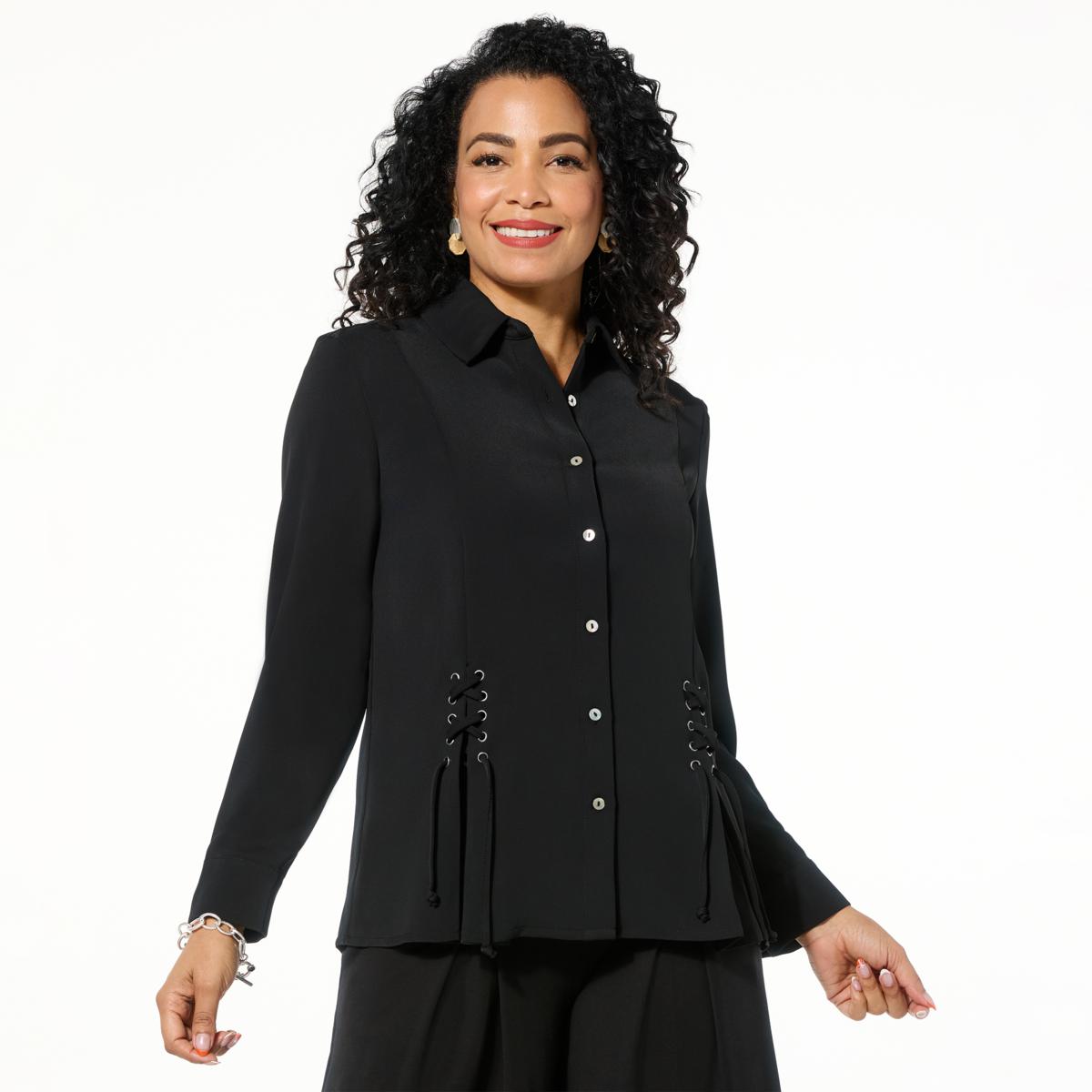 WynneLayers Collared Woven Crepe Shirt with Lace-Up Detail - 23305528 | HSN