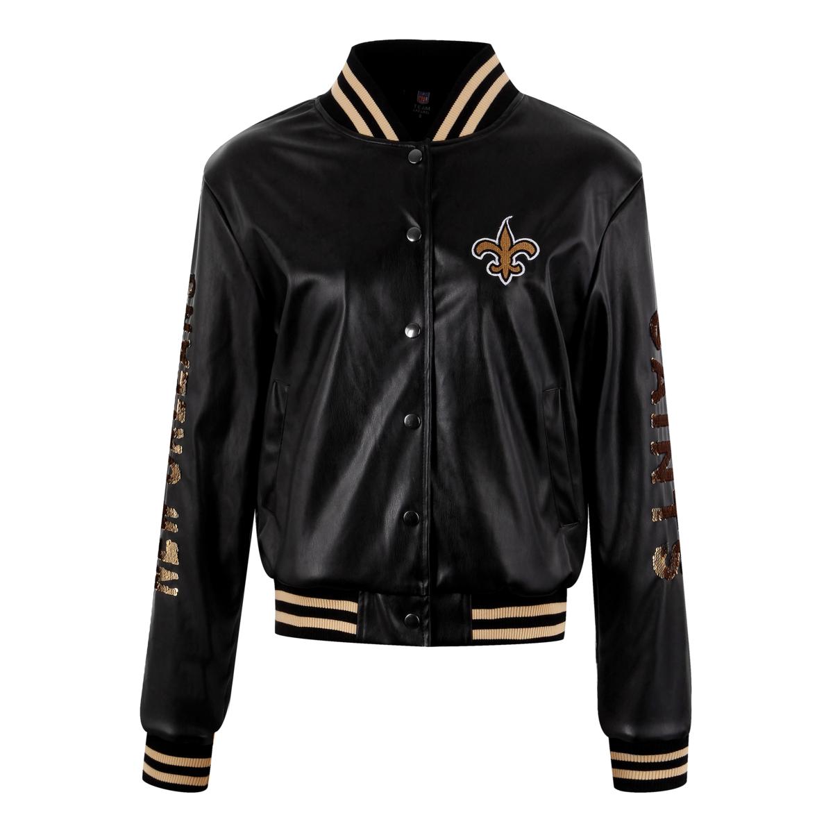 Officially Licensed NFL Sequin Logo Faux Leather Bomber Jacket - Saints ...