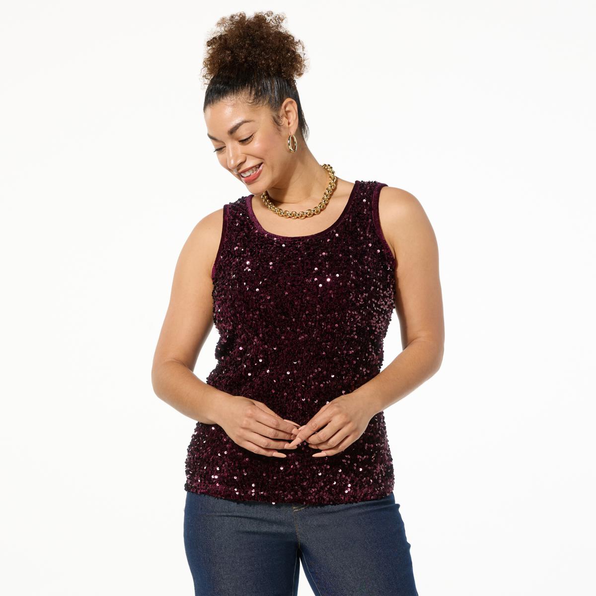 Nina Leonard Sequin Velvet Tank Top - 23352440 | HSN