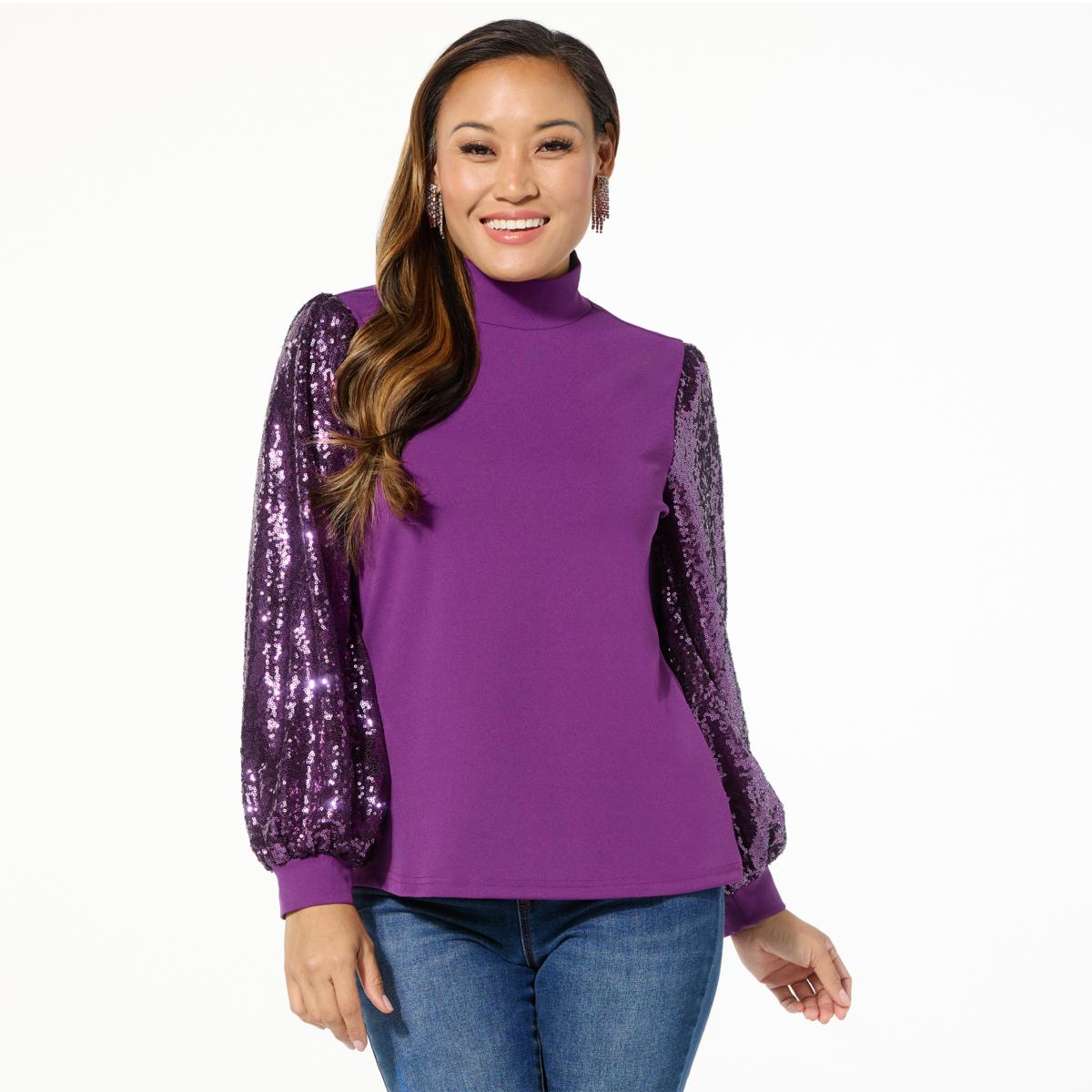 "As Is" DG2 by Diane Gilman Sequin Sleeve Mock-Neck Top | HSN