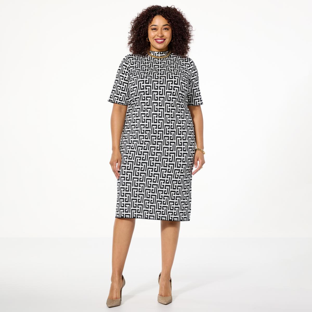 Nina Leonard Mock Neck Jacquard Sweater Dress | HSN