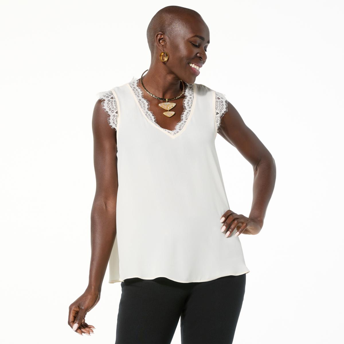 IMAN Global Chic Woven V-Neck Tank Top with Lace Trim | HSN