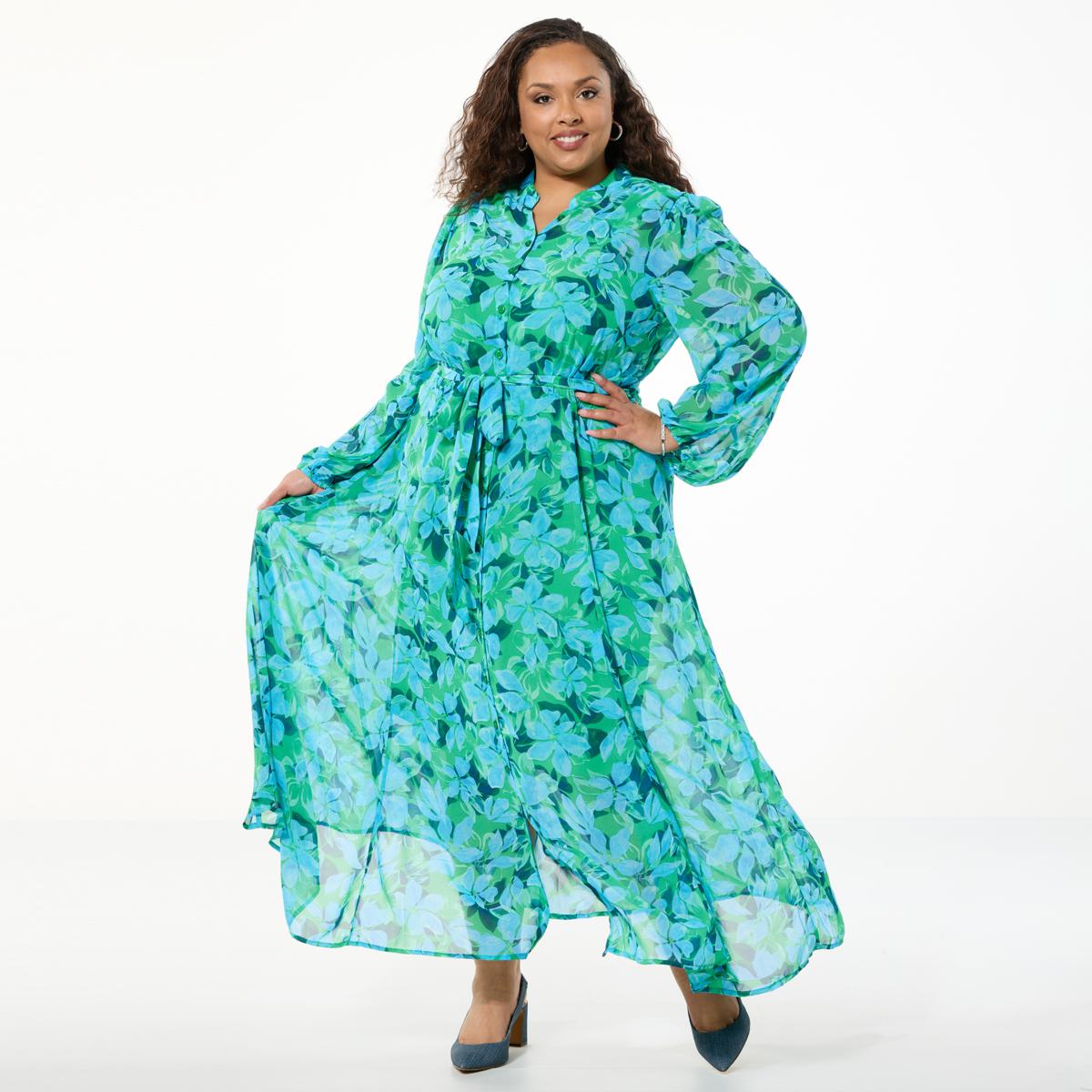 Nina Leonard Collared Button Front Chiffon Maxi Dress - 23374753 | HSN