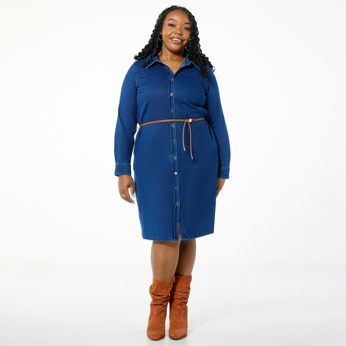 IMAN Global Chic Denim Dress with Faux Leather Belt | HSN