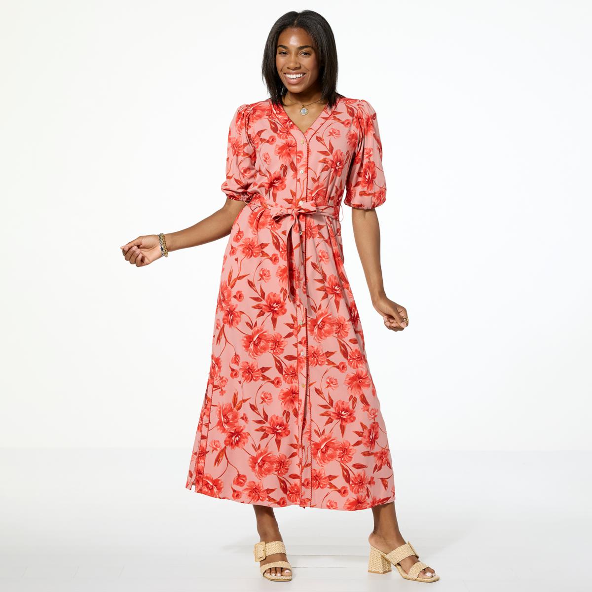 G by Giuliana Woven Embroidered Puff-Sleeve Midi Dress | HSN