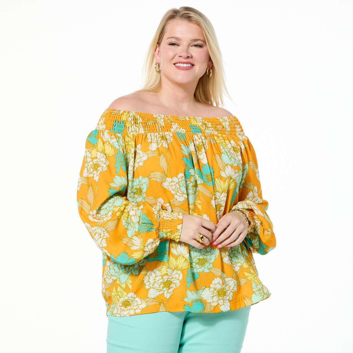 DG2 by Diane Gilman Printed Smocked Off-Shoulder Top | HSN