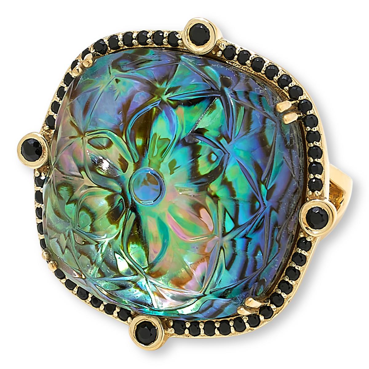 Rarities Carved Abalone and Rock Crystal Doublet and Black Spinel Ring ...