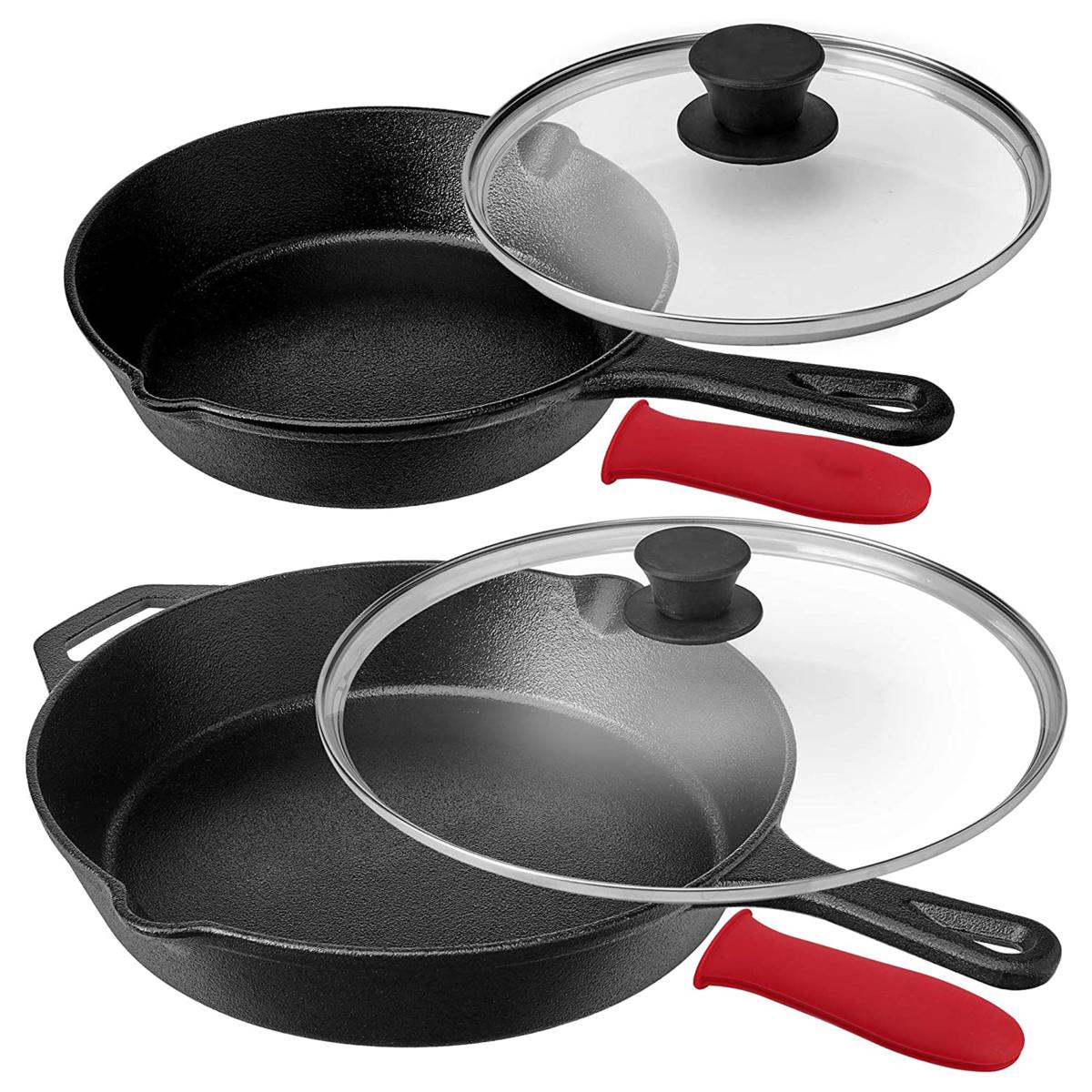 MegaChef Pre-Seasoned 6-pc Cast Iron Skillet Set w Lids & Red Holders | HSN