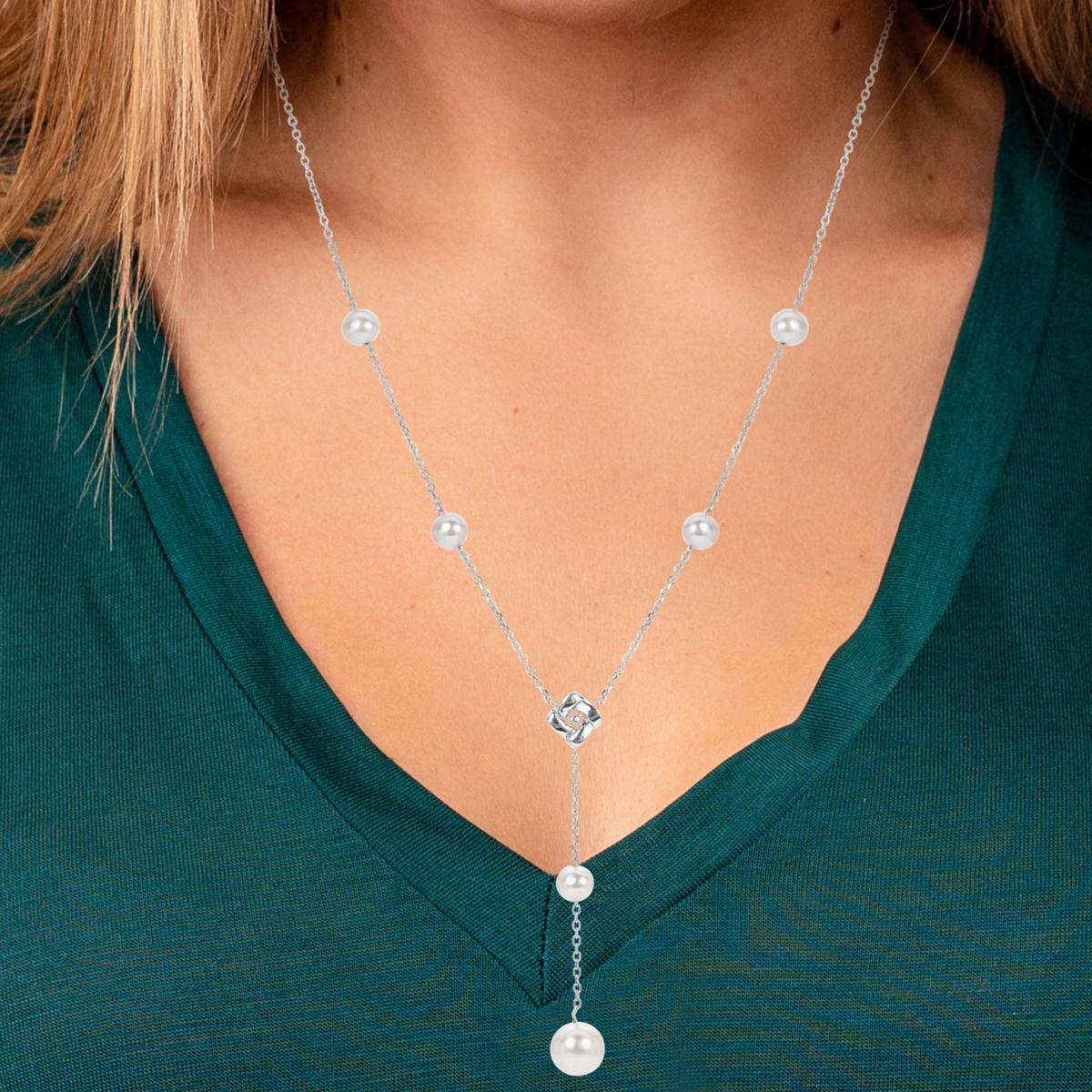 18 5 8.5mm Cultured Pearl and White Topaz Love Knot Y Necklace