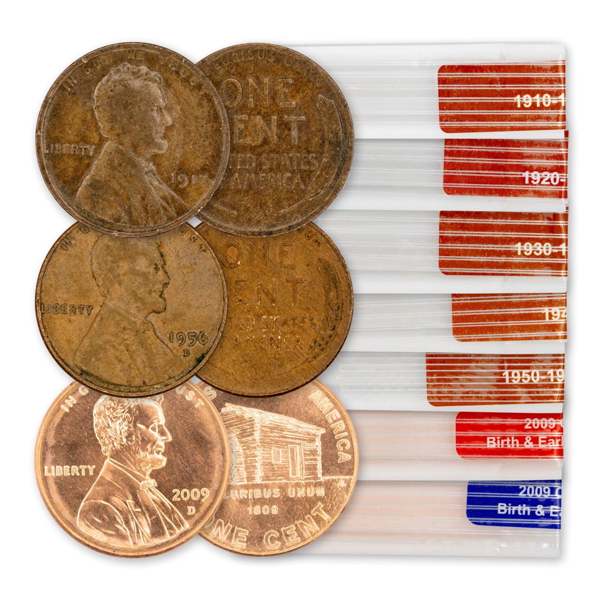 1910-1959 Set of 5 Lincoln Wheat Cent Rolls & (2) 2009 Log Cabin Rolls ...