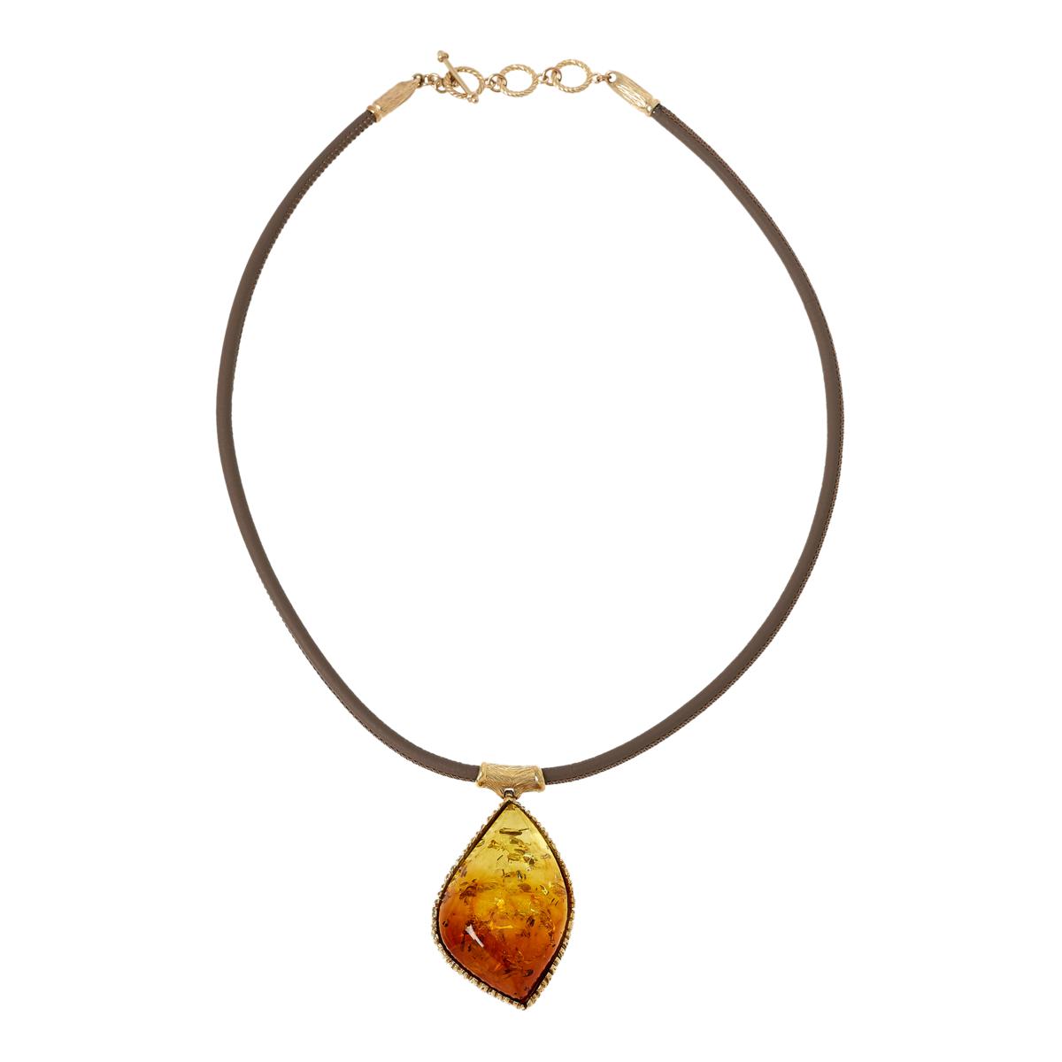 Amber Extraordinaire Goldtone Marquise Pendant with Leather Cord ...