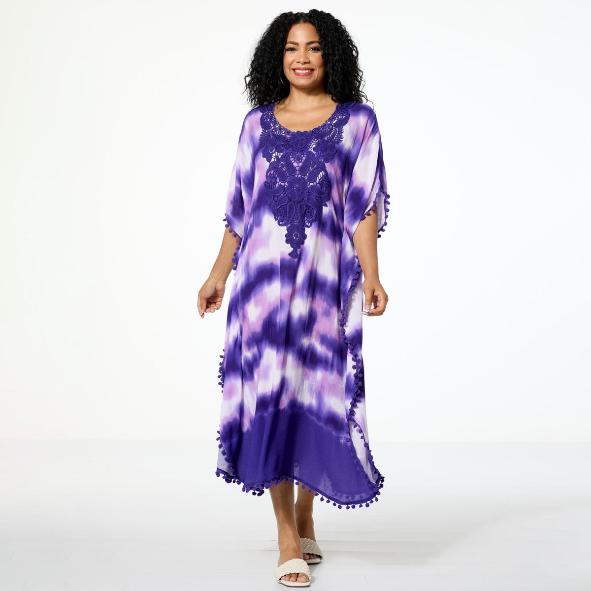 Antthony Printed Tie-Dye Crochet Caftan Dress with Tassels - 23522263 | HSN