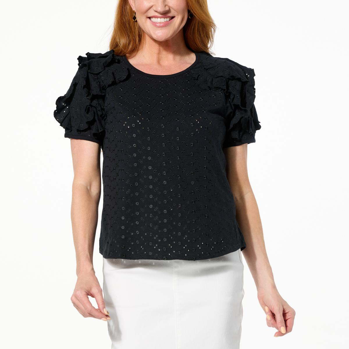 DG2 by Diane Gilman Eyelet Knit Ruffled Puff Sleeve Top - 22647974 | HSN