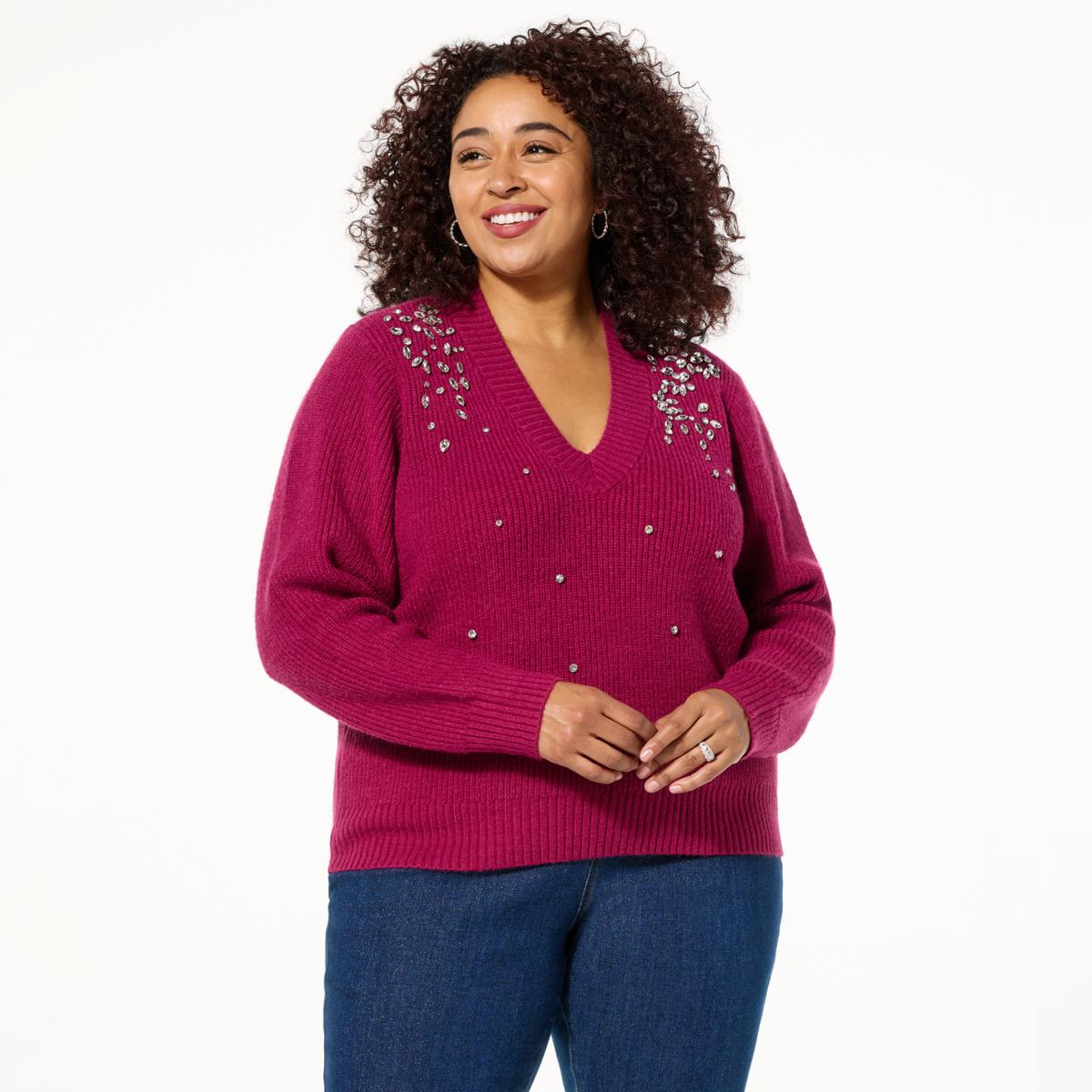 DG2 by Diane Gilman Rhinestone Embellished V-Neck Sweater - 23354153 | HSN