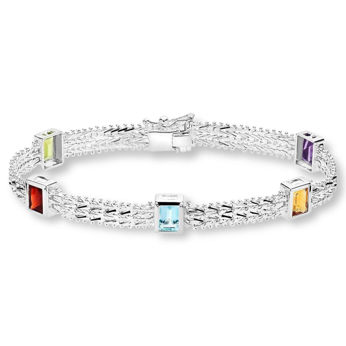 Imperial Silver Sterling Silver Multigem Wheat Chain Bezel Bracelet ...