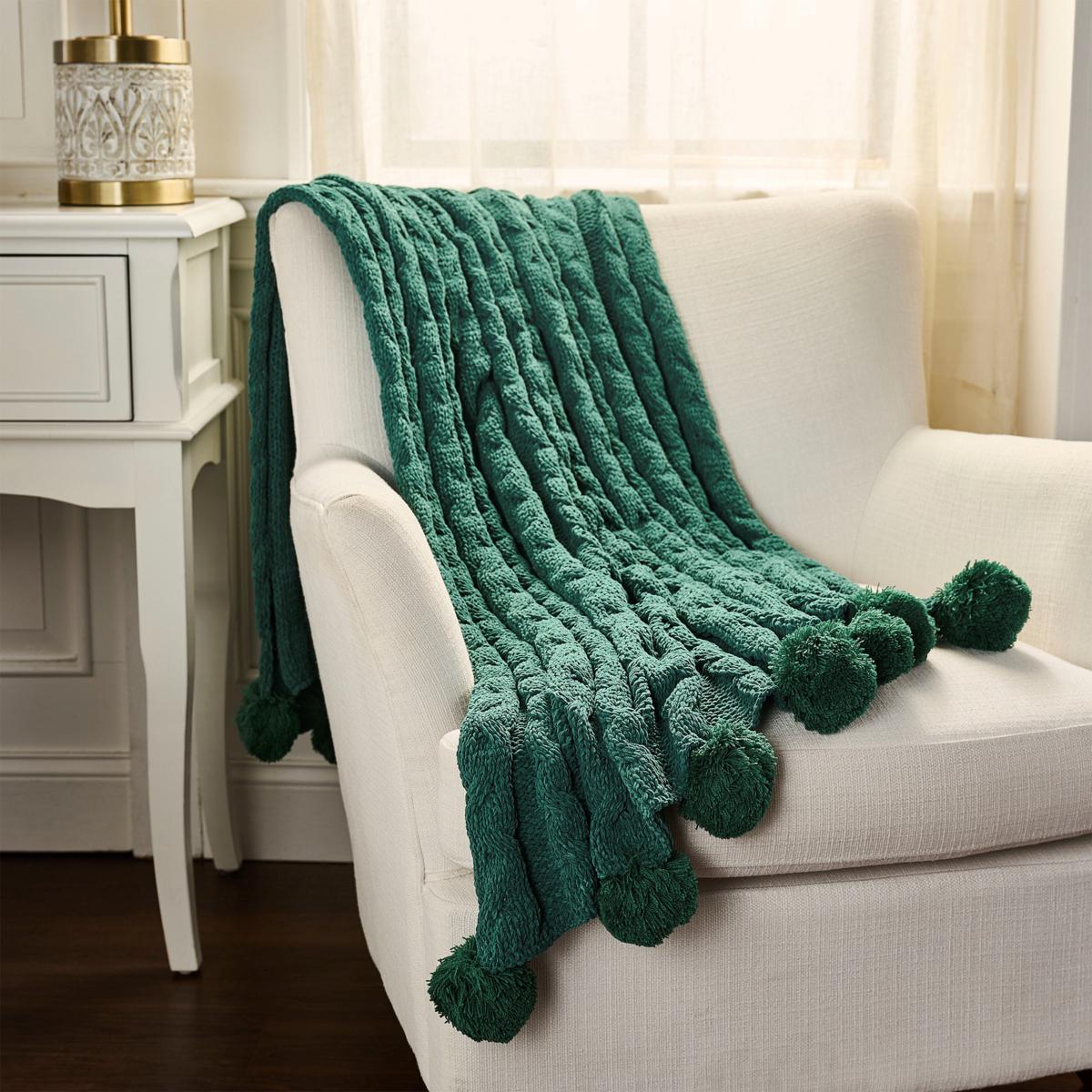 Jeffrey Banks Chunky Cable Knit Throw with Pom Pom | HSN