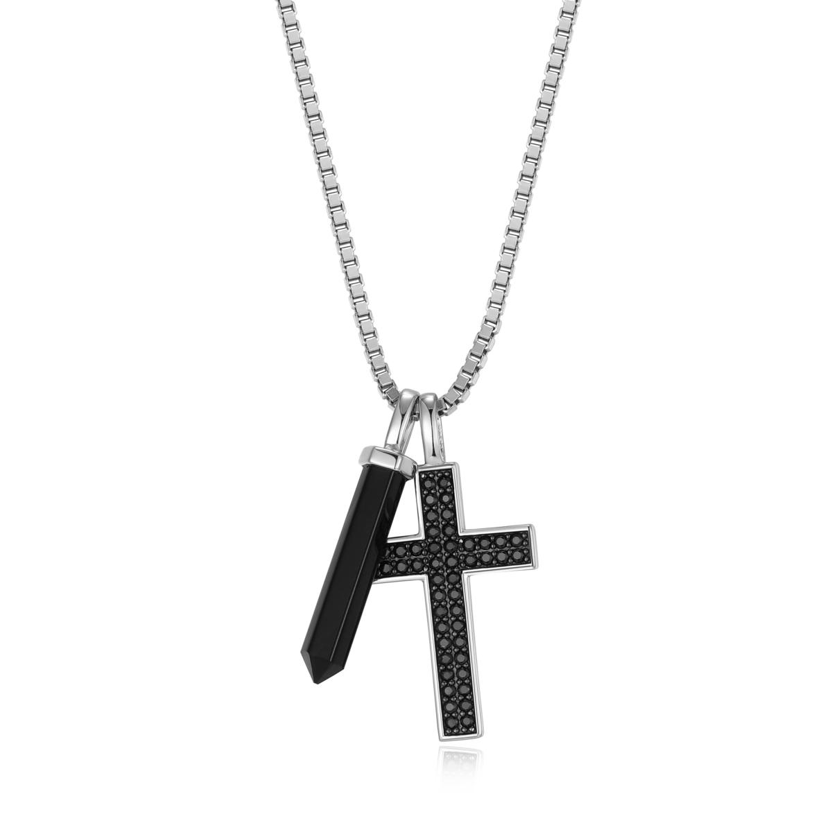 Men's Gunmetal Sterling Silver Onyx & Sapphire Cross Pendant Men's Gunmetal Sterling Silver Onyx & Sapphire Cross Pendant