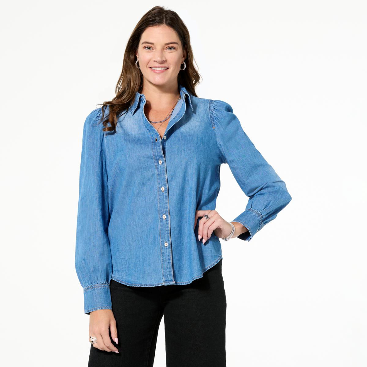 TWRHLL by Christie Brinkley Puff Sleeve Denim Blouse | HSN